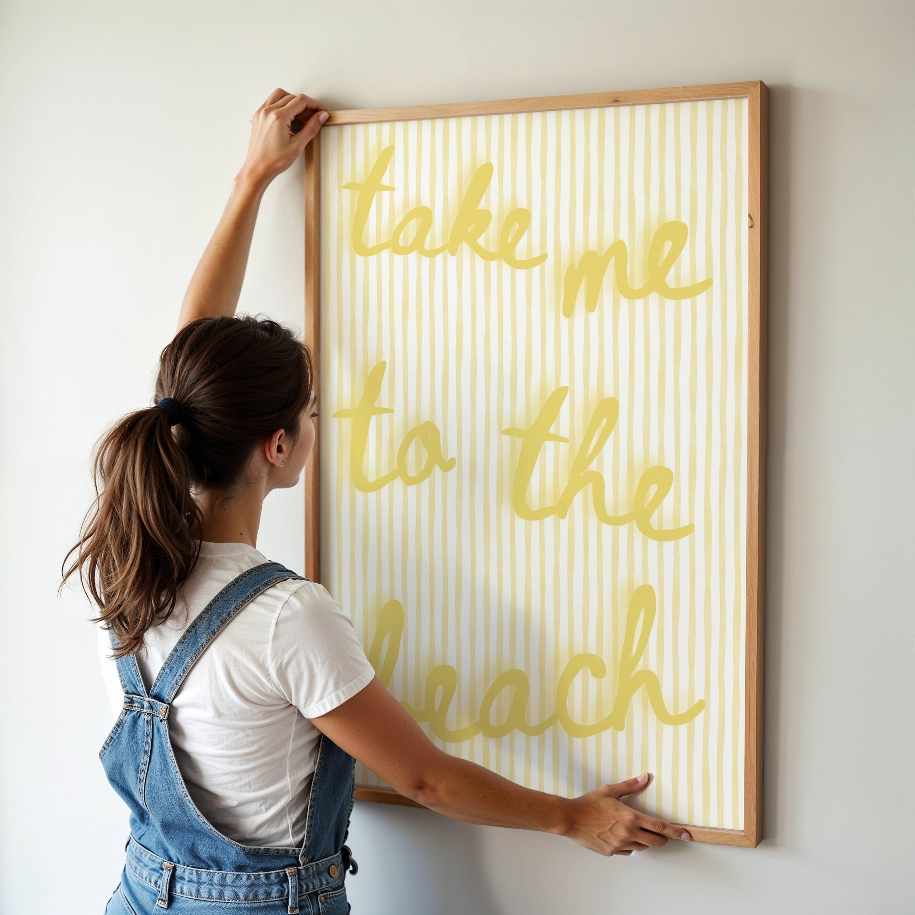 Vintage Yellow Beach Print Yellow Striped Coastal Wall Art Retro Ocean ...