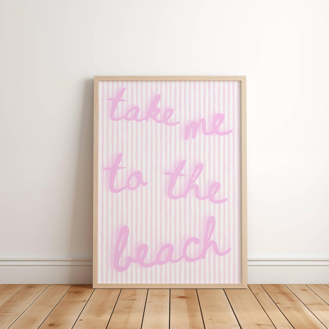Vintage Pink Beach Print Take Me to the Beach Pink Striped Coastal Wall ...