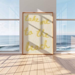 Vintage Yellow Beach Print Yellow Striped Coastal Wall Art Retro Ocean ...