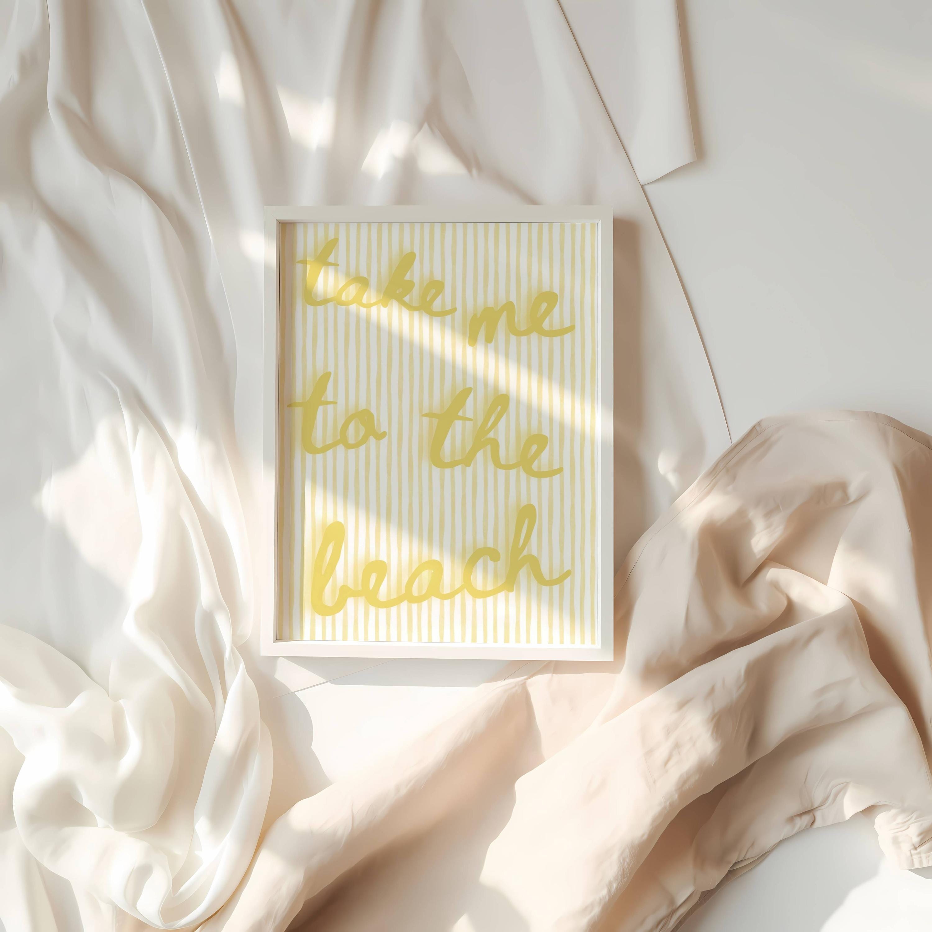 Vintage Yellow Beach Print Yellow Striped Coastal Wall Art Retro Ocean ...