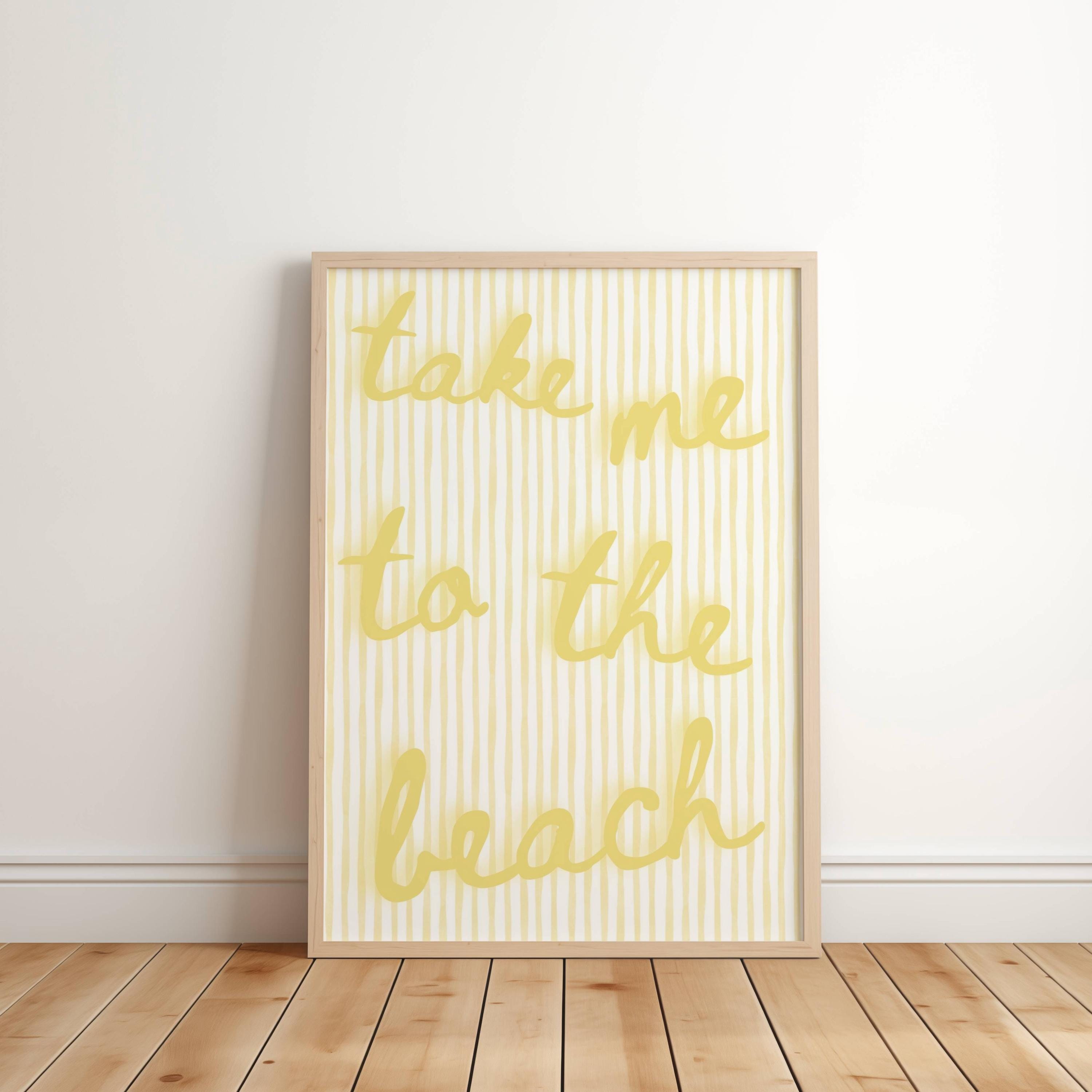Vintage Yellow Beach Print Yellow Striped Coastal Wall Art Retro Ocean ...