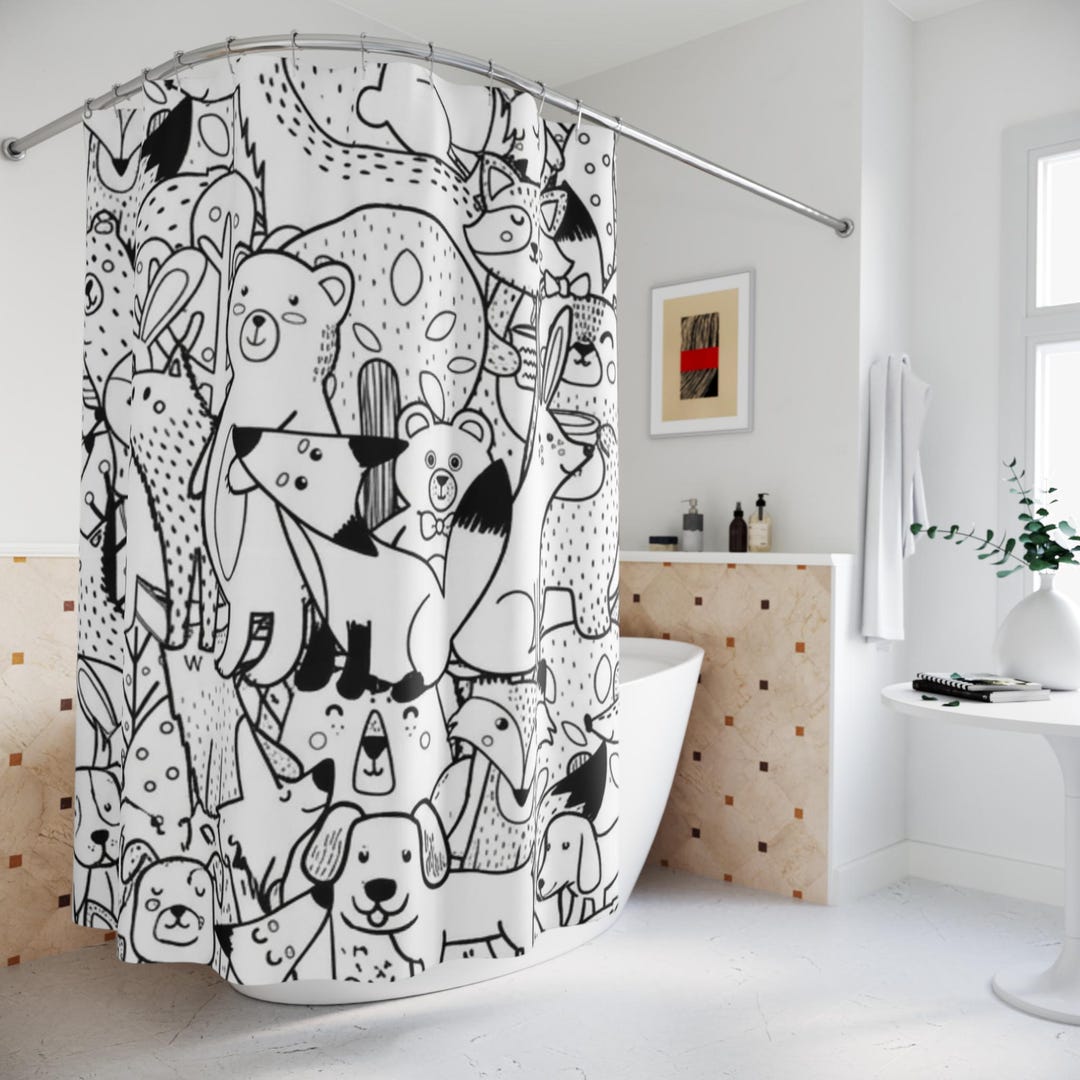 Hand-drawn Woodland Animals Shower Curtain | Black and White Doodle ...