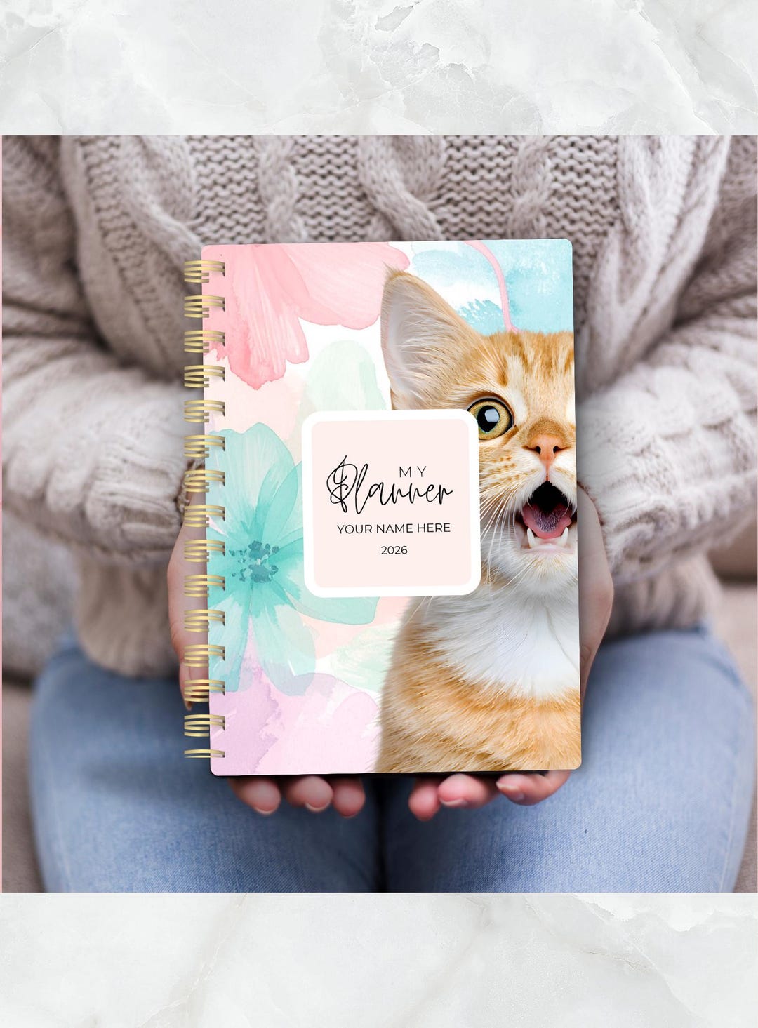 Personalized Cat Planner, Floral Cat Art, Gold Spiral Bound - Etsy