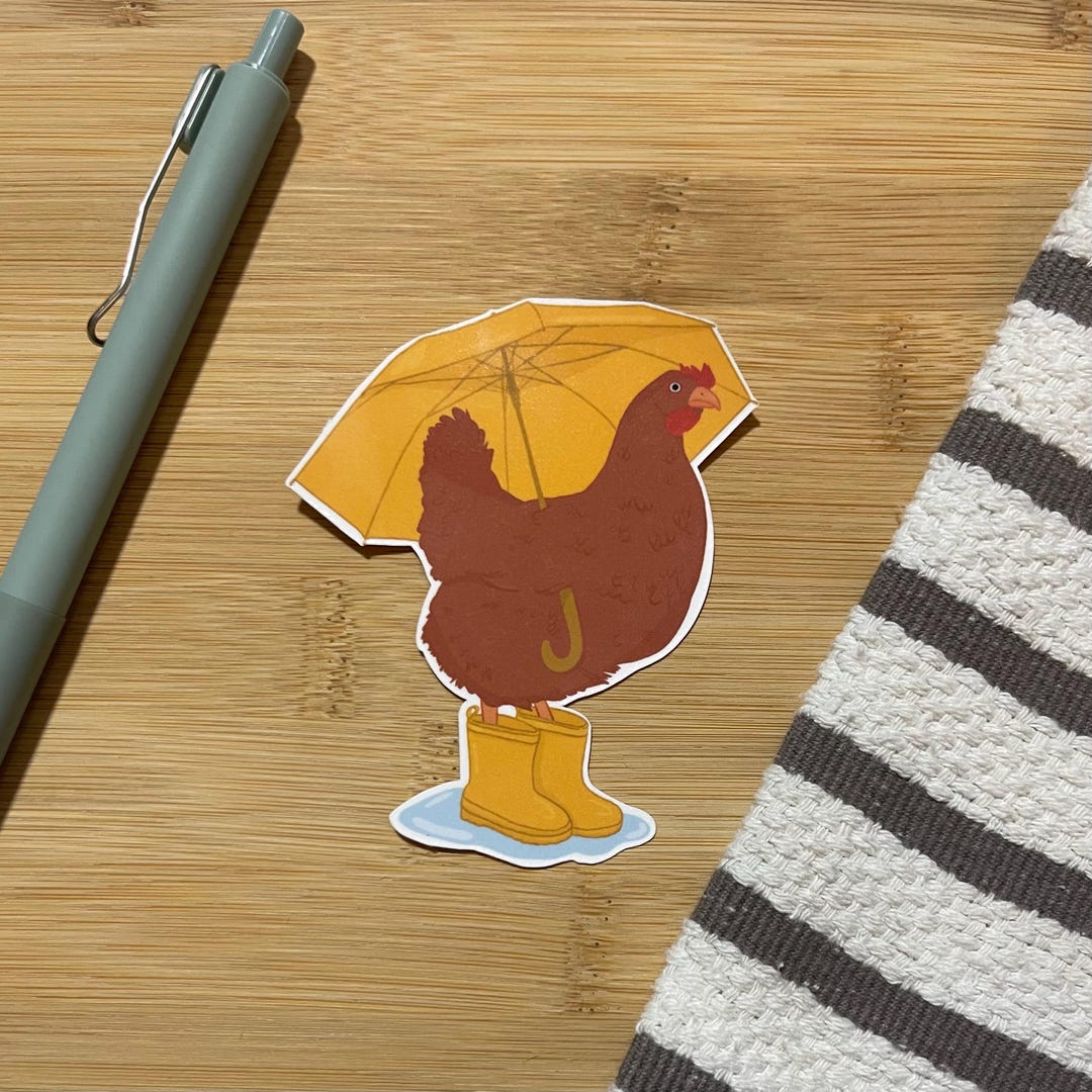 Chicken in Rain Boots and Umbrella Sticker | Glossy | Silly and Cute ...