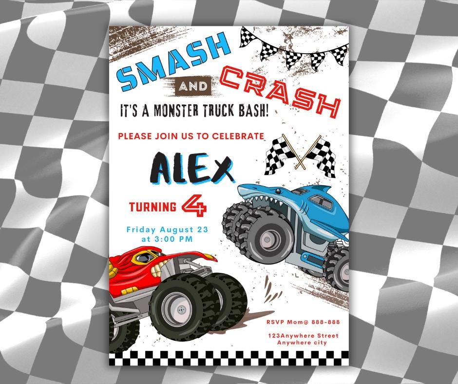 Smash and Crash Birthday Party Invitation Monster Truck - Etsy