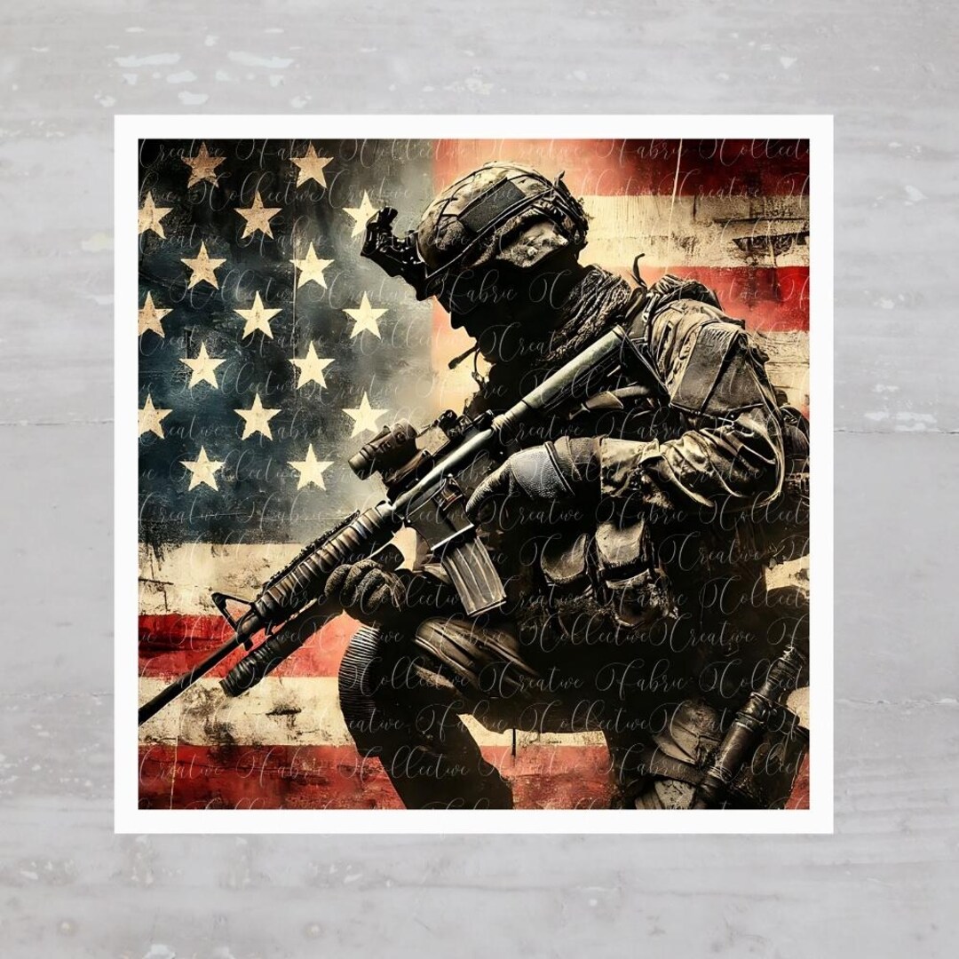 Military Combat Soldier US Flag Fabric Panel A753, Quilting Square ...