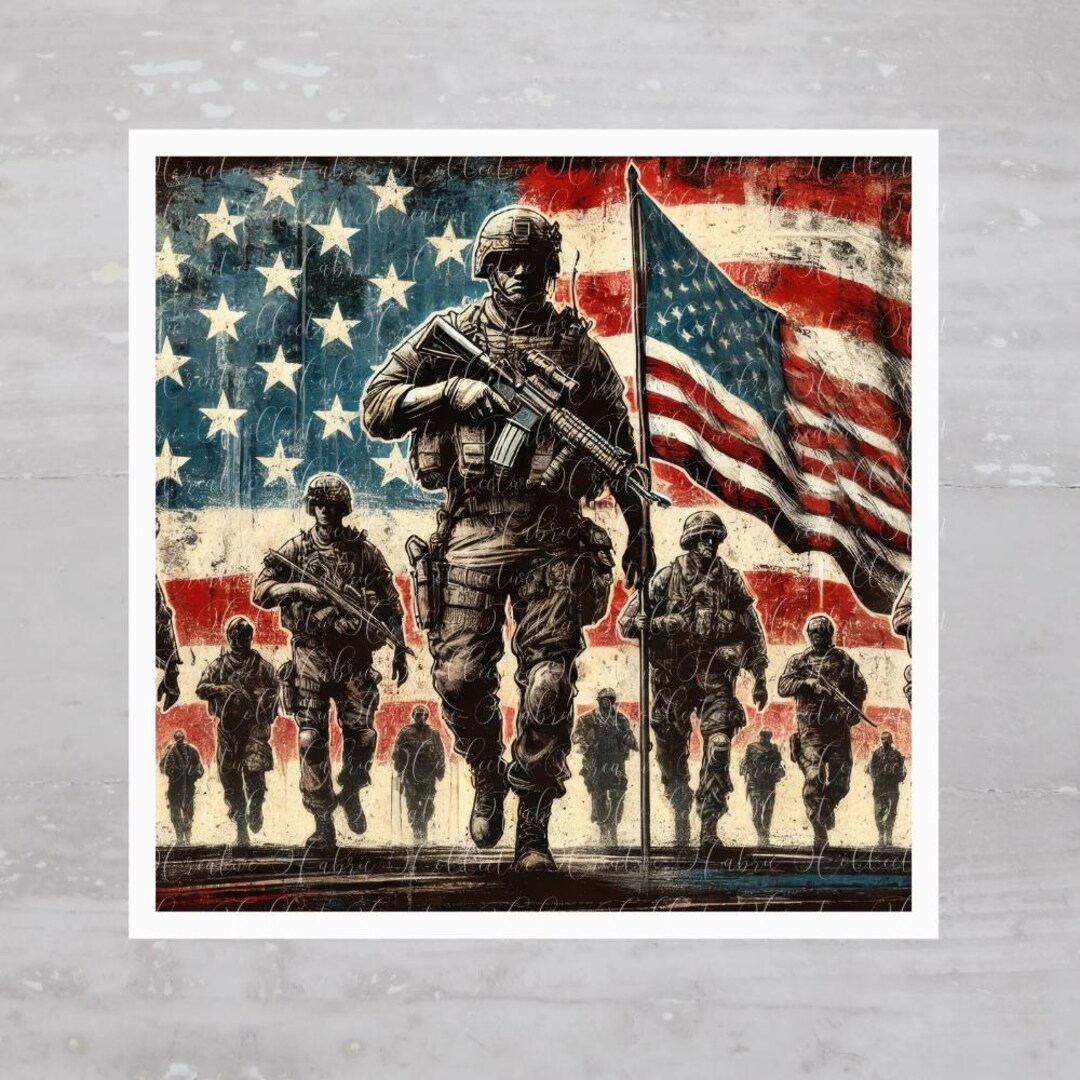 US Military Soldiers USA Flag Fabric Panel A755, Quilting Square, Quilt ...