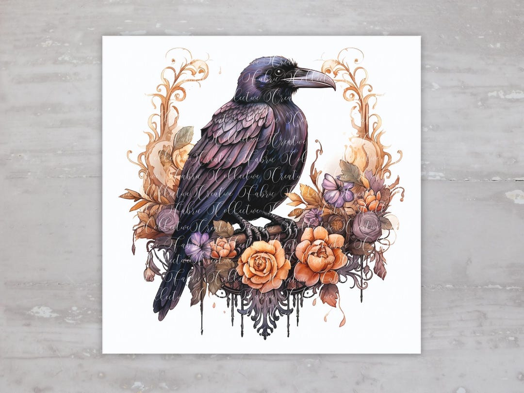 Halloween Floral Black Raven Bird Quilt Fabric Panel A16 Quilting ...