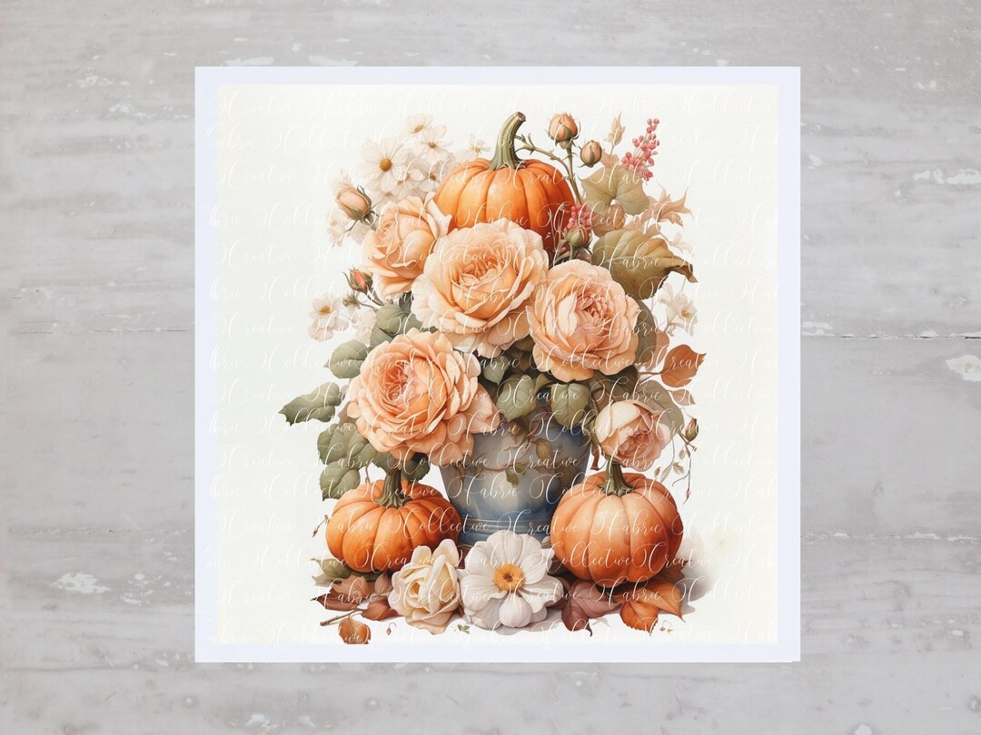 Shabby French Autumn Pumpkins Peach Roses Fabric Panel A194, Fabric ...