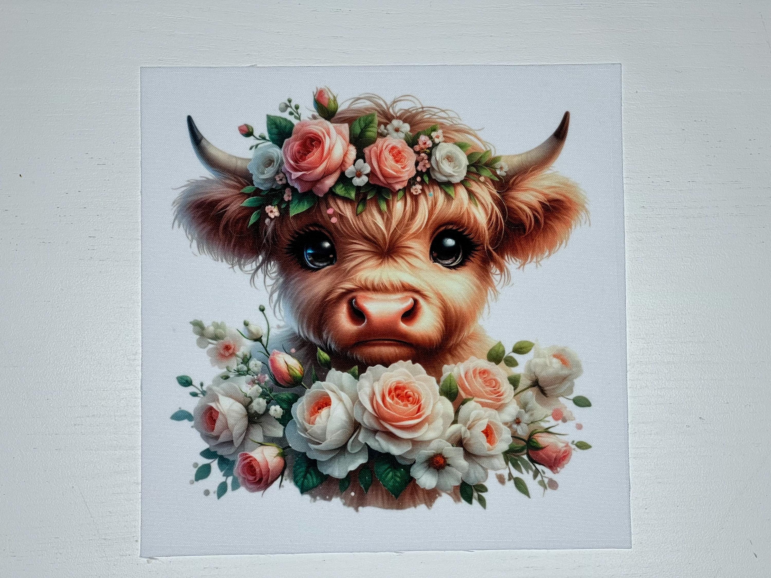 Highland Cow With Roses Square Fabric Panel, Craft Sewing Quilt Block ...