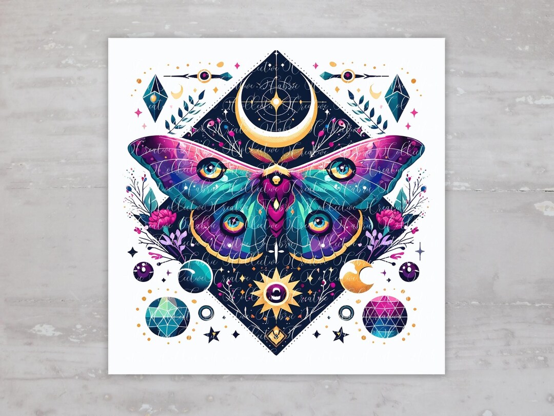 Boho Crescent Moon Celestial Moth Fabric Panel A89, Square Quilt Fabric ...