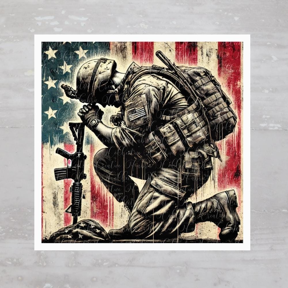 Bending Knee Combat Soldier US Flag Fabric Panel A754, Quilting Square ...