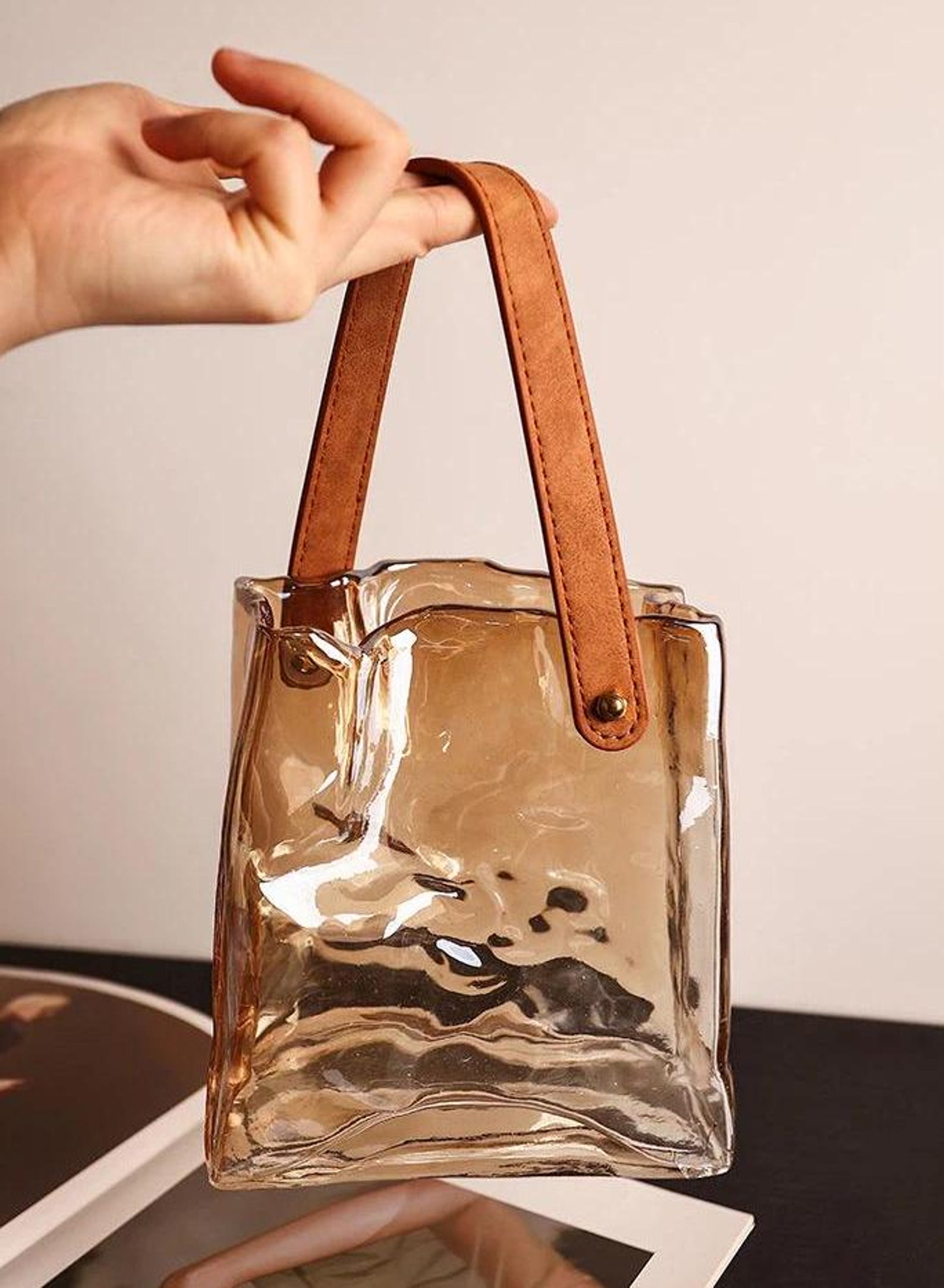 Innovative Glass Vase Bag Shaped Leather Handbag Terrarium Transparent ...