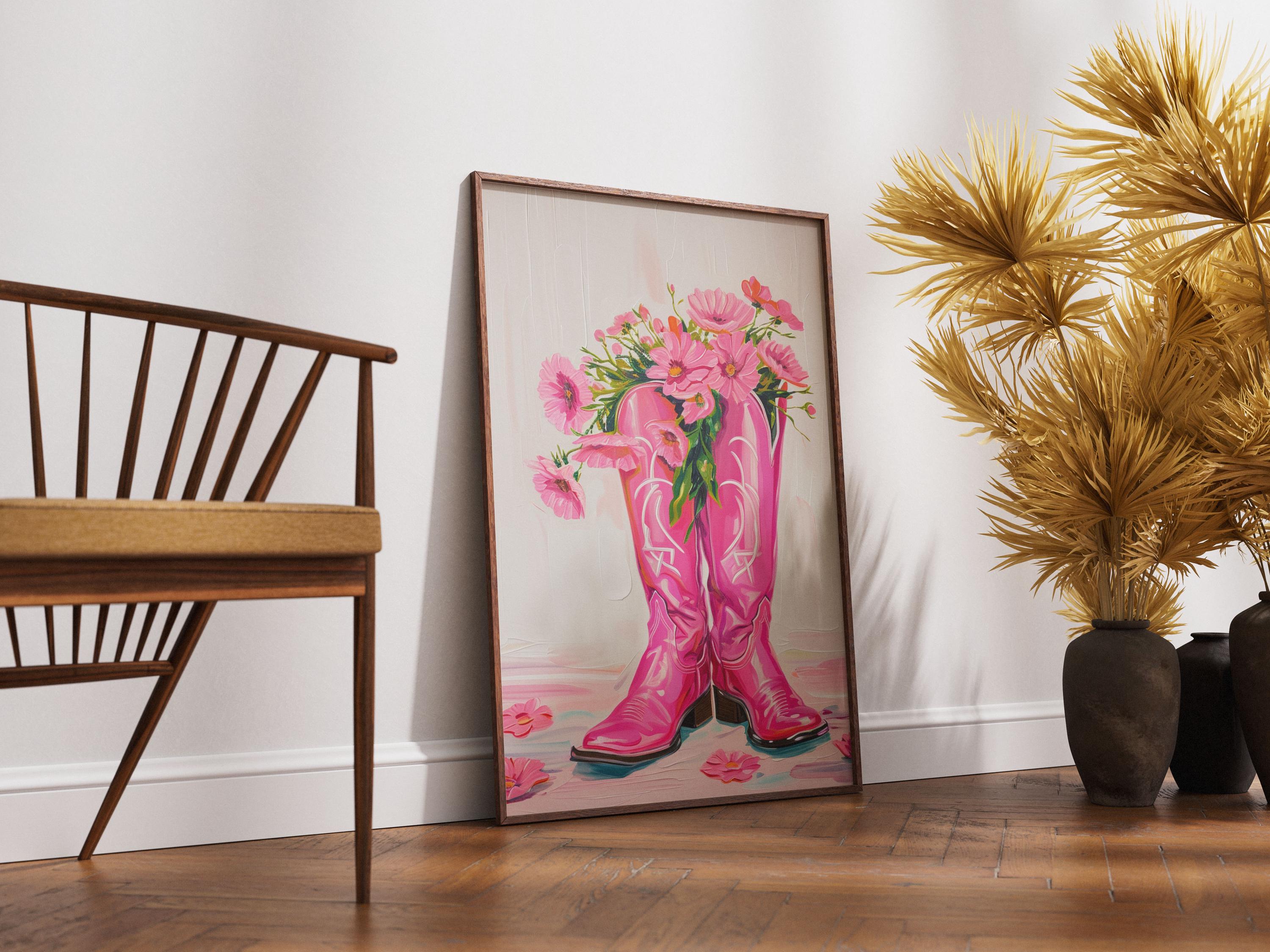 Pink Cowboy Boots Wall Art With Flowers | Western Floral Wall Decor ...