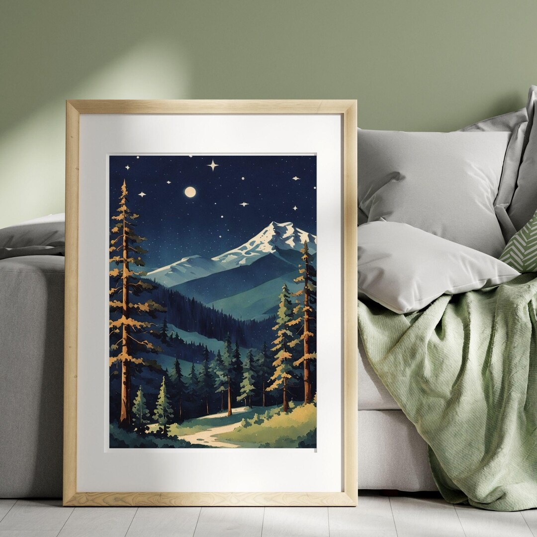 Vintage Night View Wall Art | Moonlit Mountain Trail | Digital Download ...