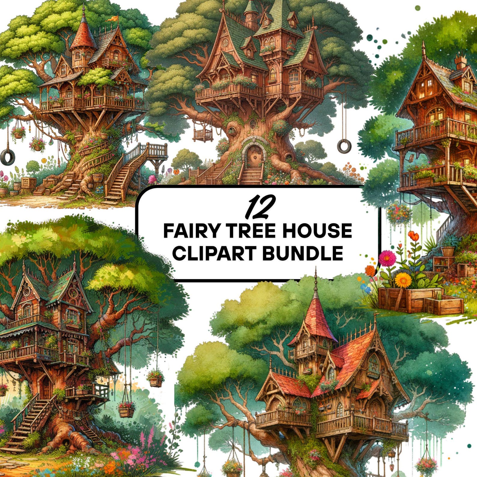 Fairy Tree House Clipart Bundle | Whimsical Forest Houses PNG | Magical ...