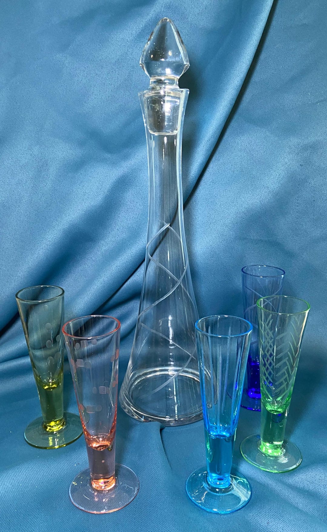 Barware Glass Set: Clear Decanter With 5 Etched Colored Shot Glasses - Etsy