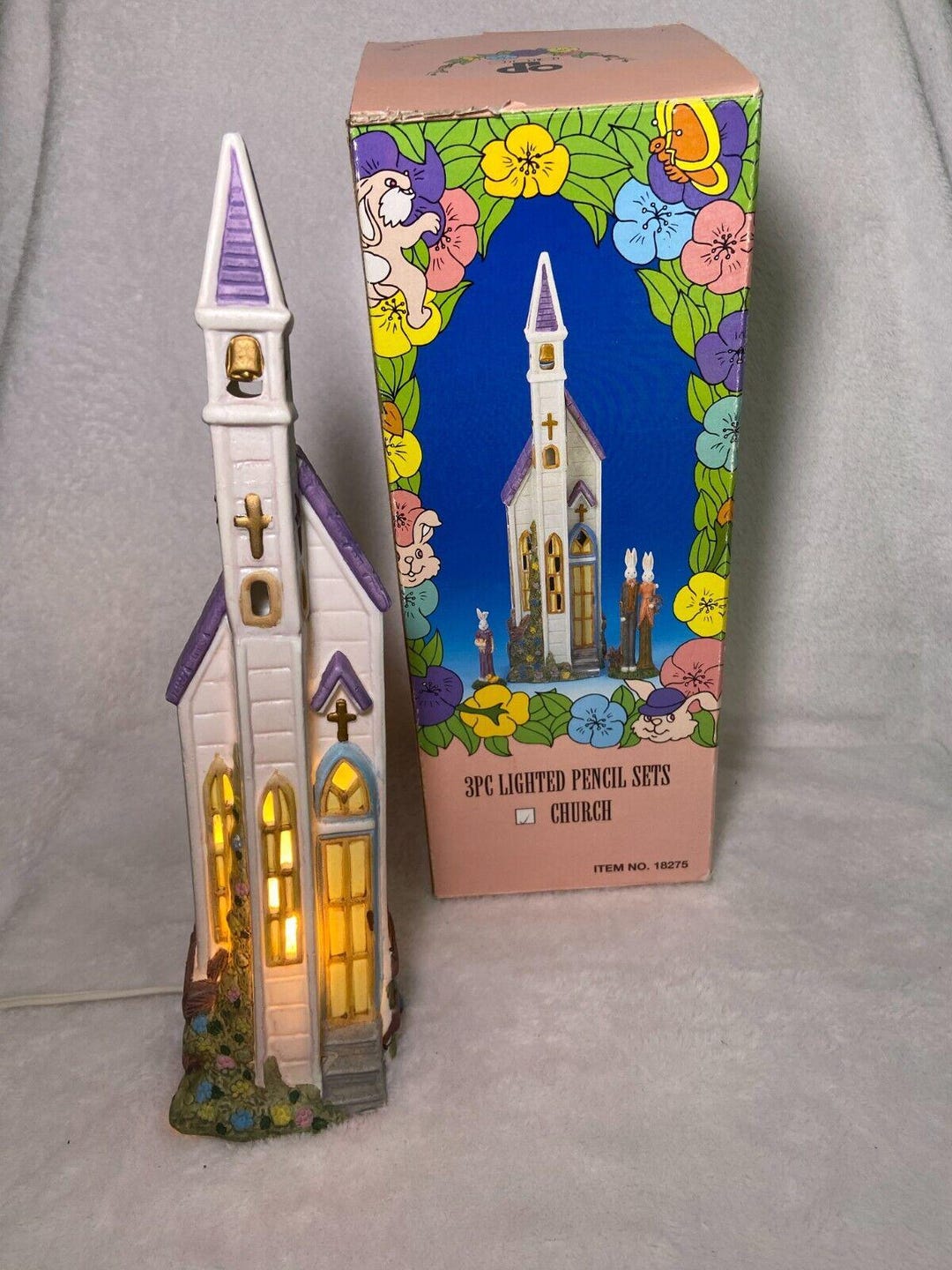 Vintage Lighted Ceramic Church Decoration With Purple Roof Tested ...