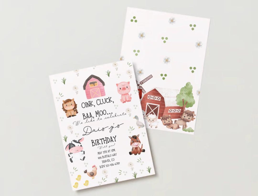 Farm Animal Birthday Invitation Cute Editable Barnyard Party Invite for ...