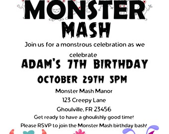 Monster Mash, Birthday Invitation, Printable Birthday Invite, Editable ...