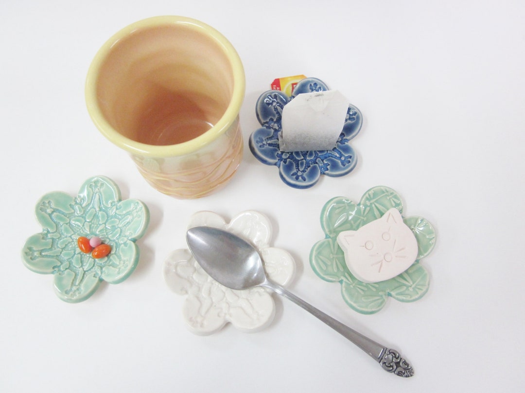 Coffee Bar Accessory, White Tea Spoon Rest, 3.5", Aqua Spoon Holder for ...