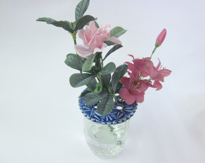 Ceramic Mason Jar Flower Frog, Blue Flower Holder, Mother’s Day Gift ...