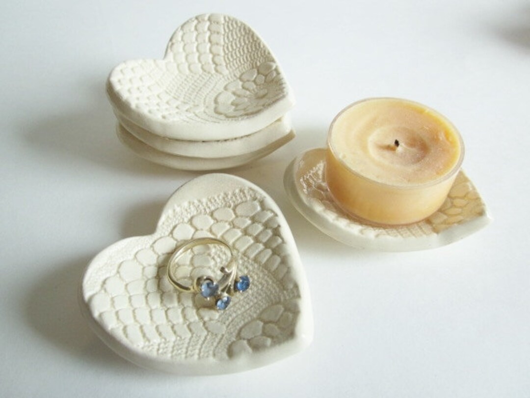 Heart Ring Holder Dish, White Heart Tea Spoon Rest, Bridal Shower Favor ...