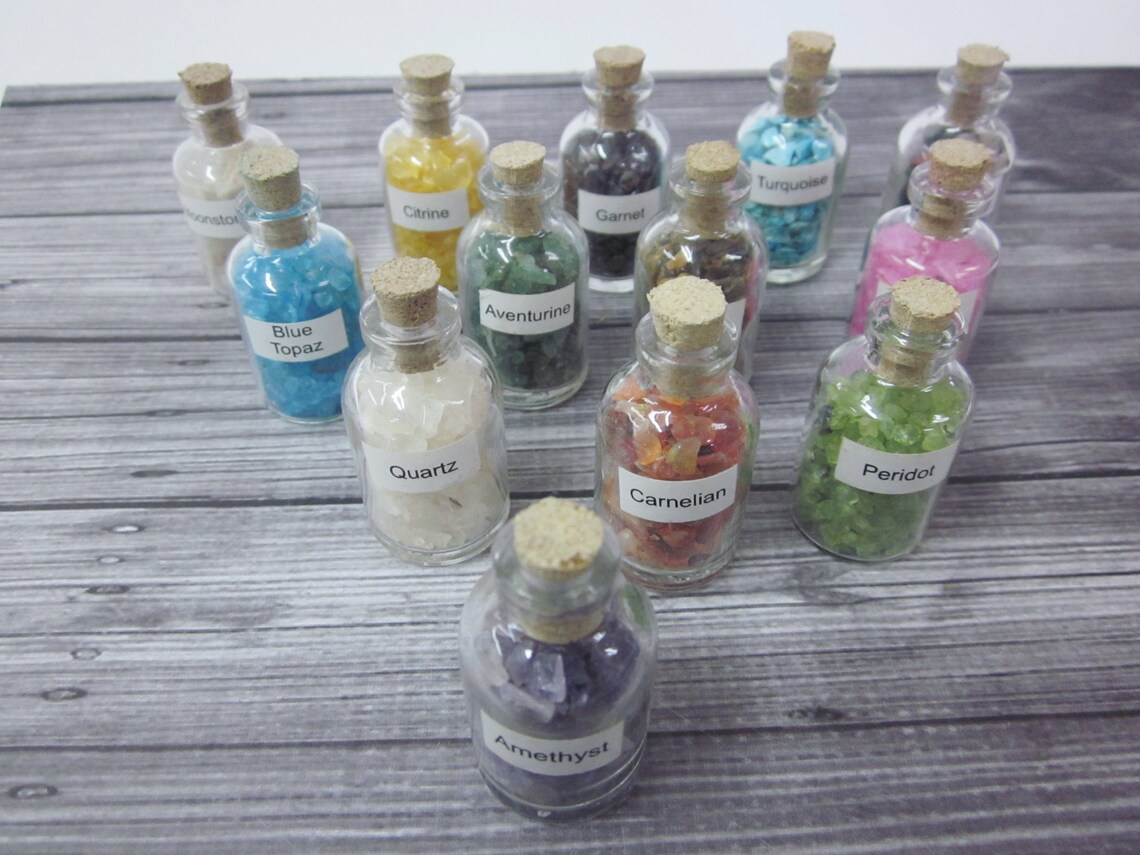 Mini Gemstones, Set of 13, Crystal Chip Bottles, Crystal Chip Jars, Jar ...