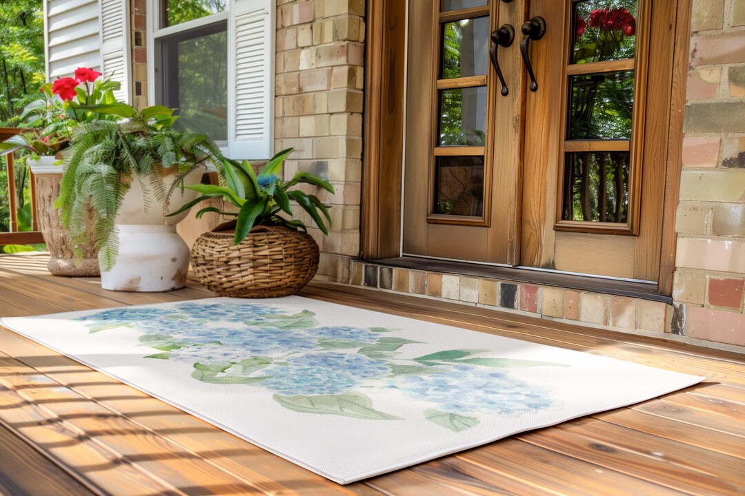 Blue Hydrangea Floral Outdoor Rug: Boho Garden Patio Decor - Etsy