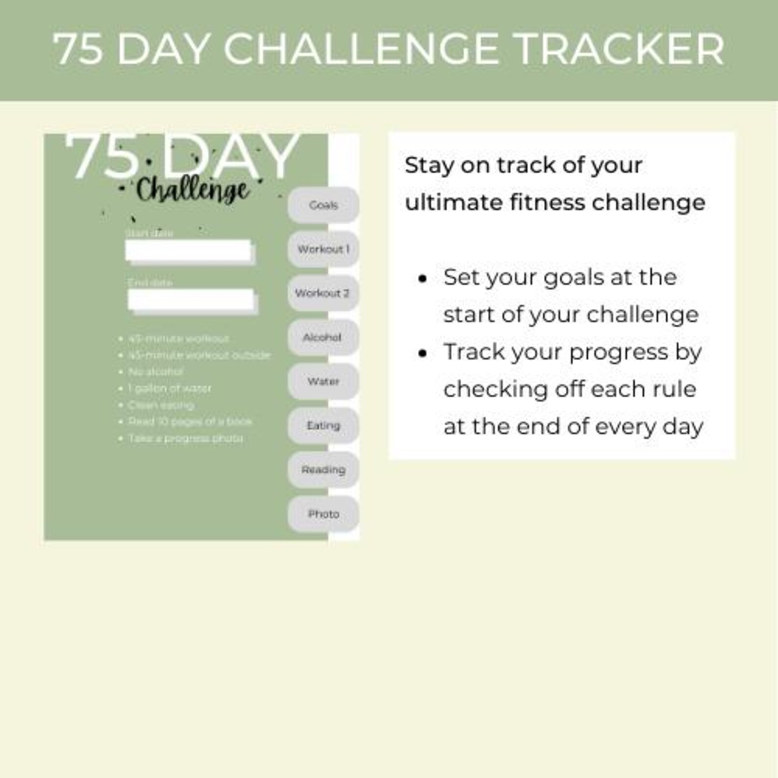 75 Day Tracker | Digital PDF | Printable | Editable Template | Fitness ...