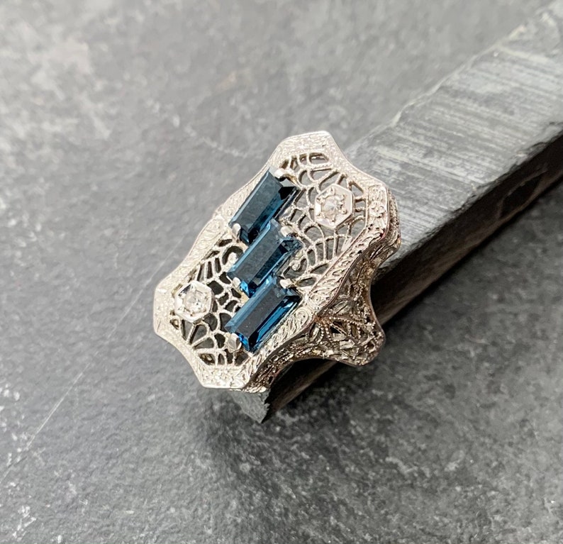 18k White Gold, London Blue Topaz and Diamond Rectangular Filigree ...