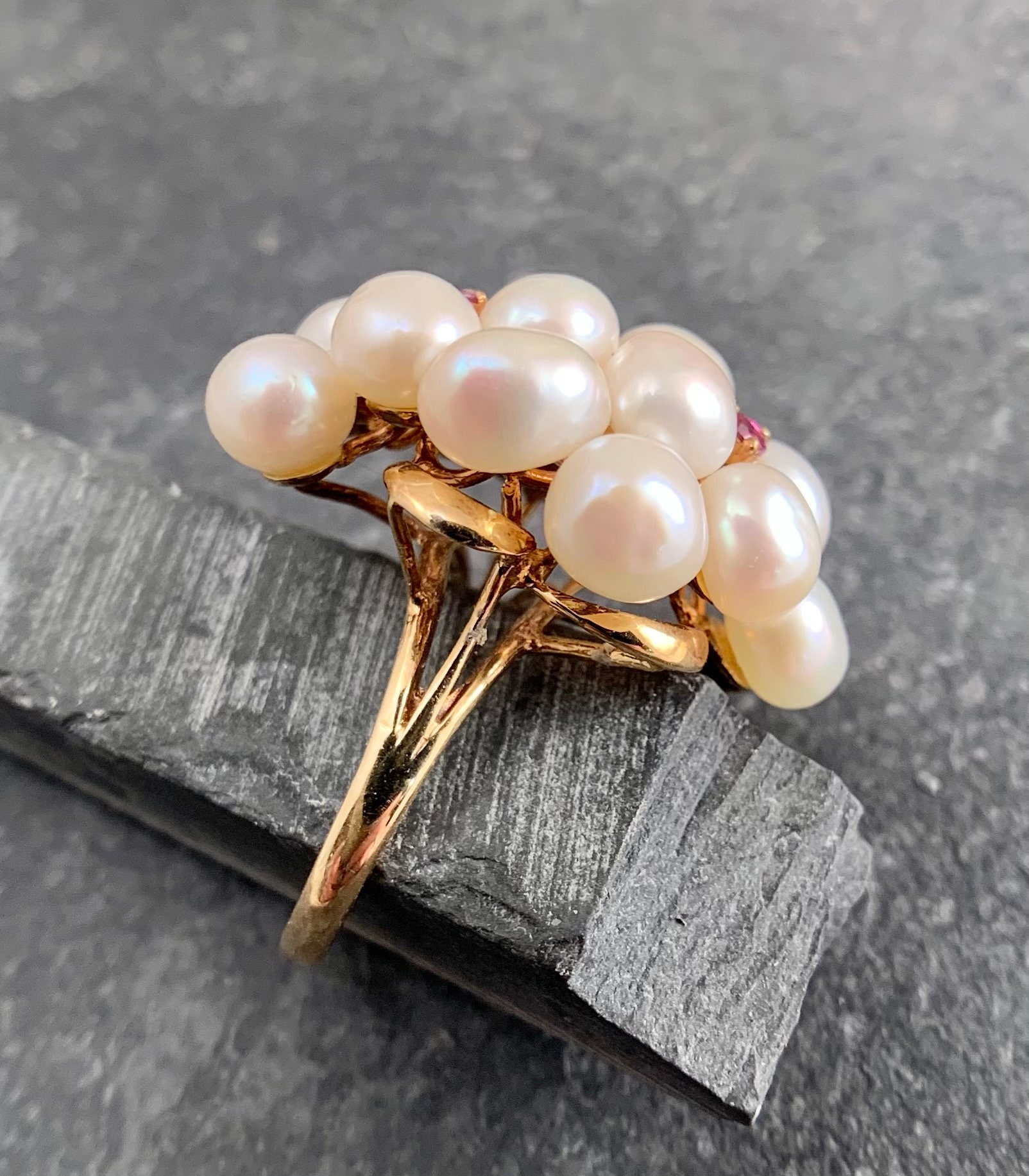 14k Yellow Gold Pearl and Ruby Cluster Ring Size 6 3/4 R130 - Etsy