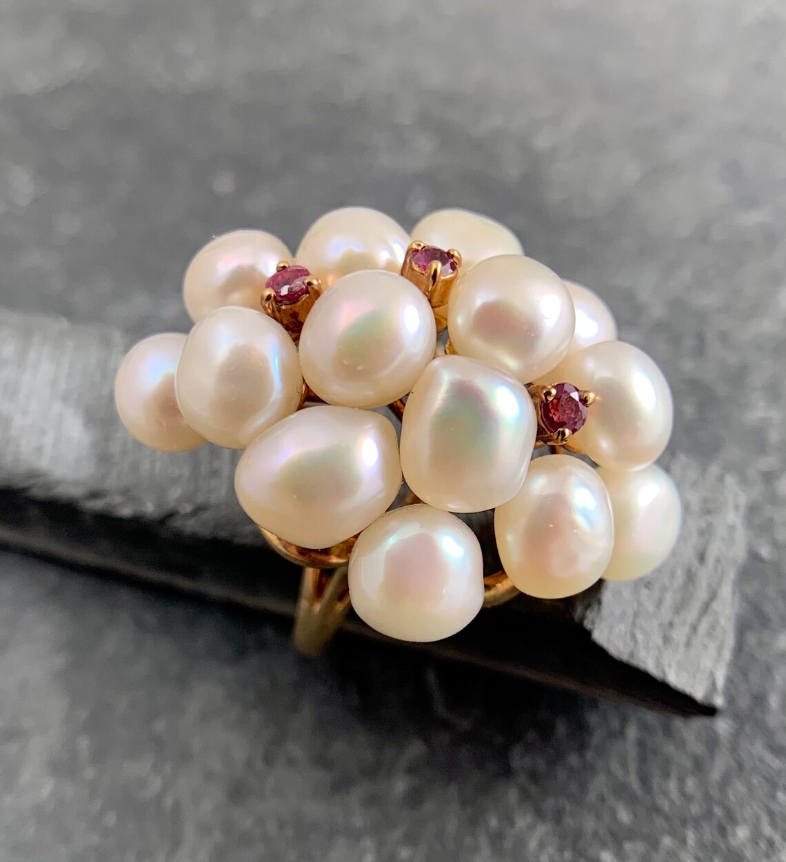 14k Yellow Gold Pearl and Ruby Cluster Ring Size 6 3/4 R130 - Etsy