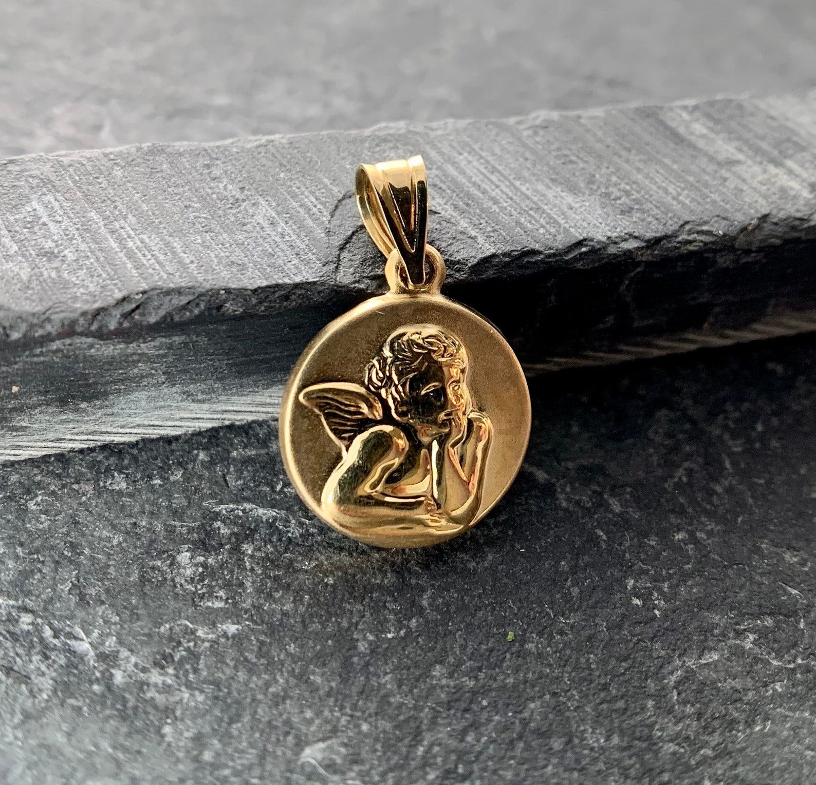 14k Yellow Gold Round Guardian Angel Circular Pendant Charm | Etsy