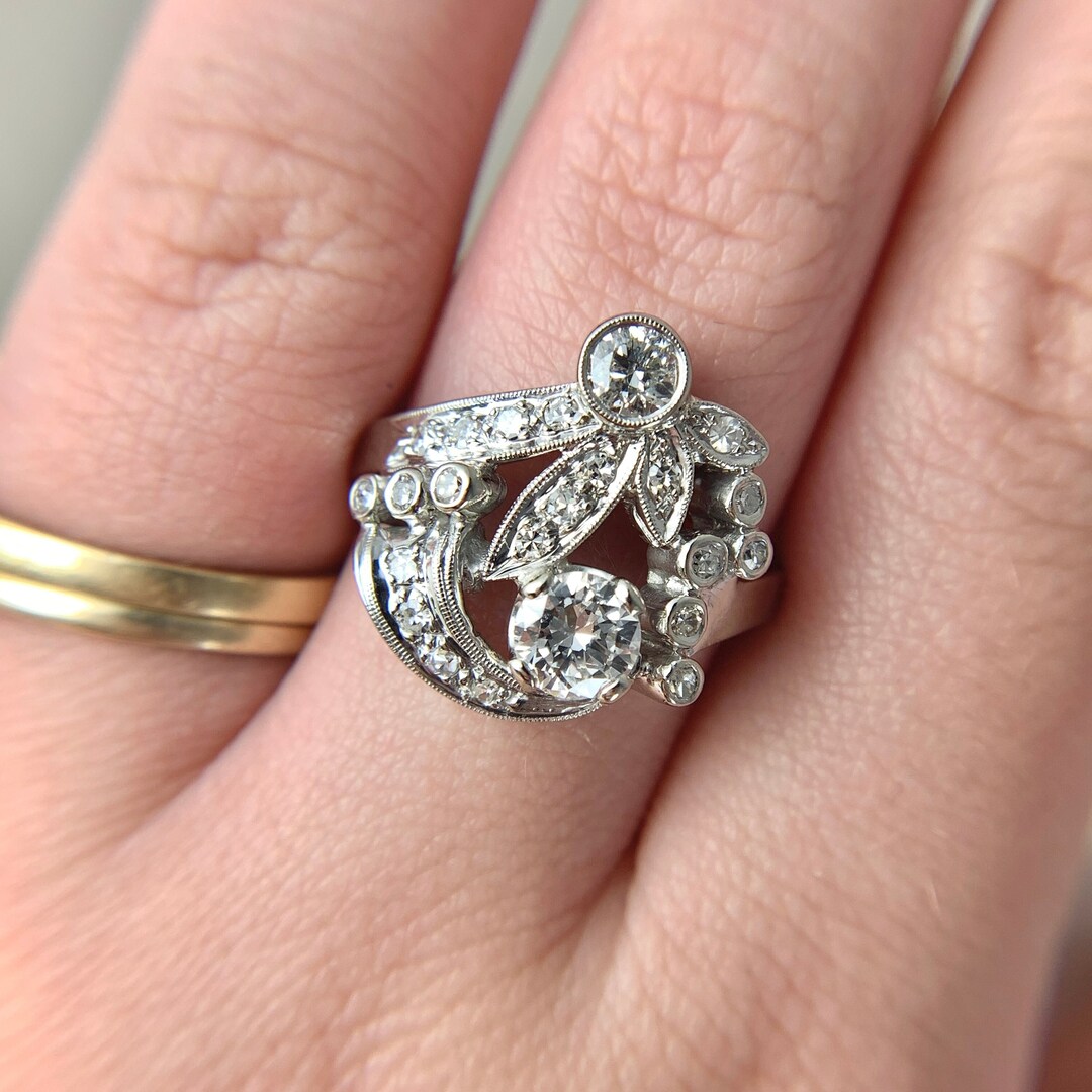 Freeform Vintage Art Deco Ring Solid 14k Gold Natural Diamonds (A2599 ...