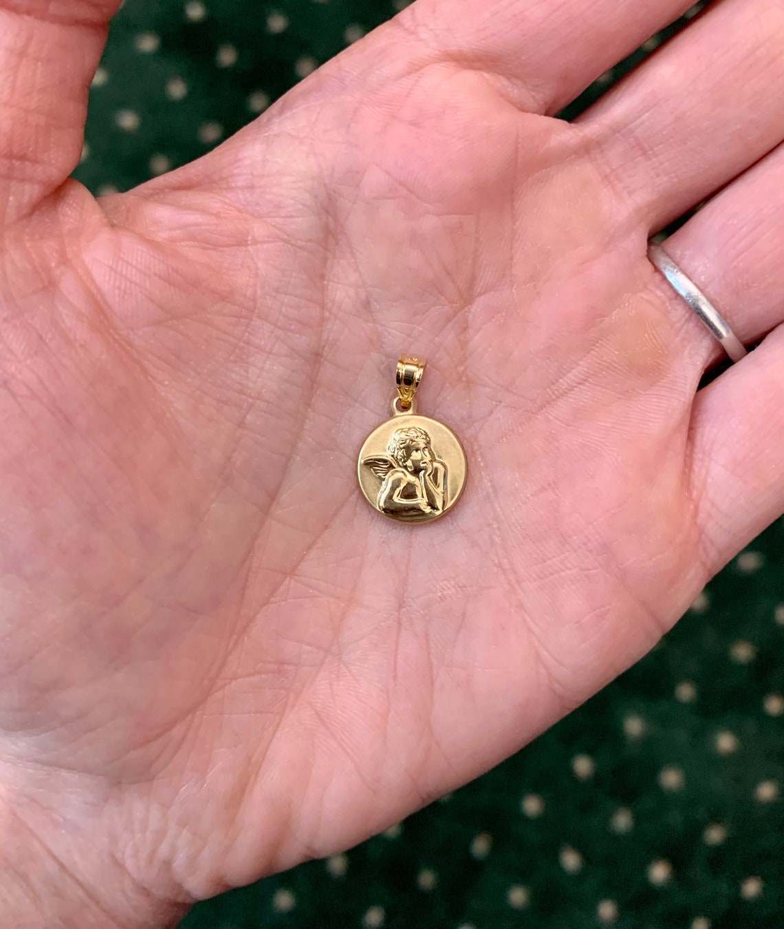 14k Yellow Gold Round Guardian Angel Circular Pendant Charm | Etsy