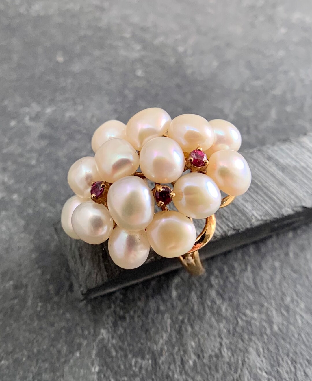 14k Yellow Gold Pearl and Ruby Cluster Ring - Size 6 3/4 (R130) - Etsy
