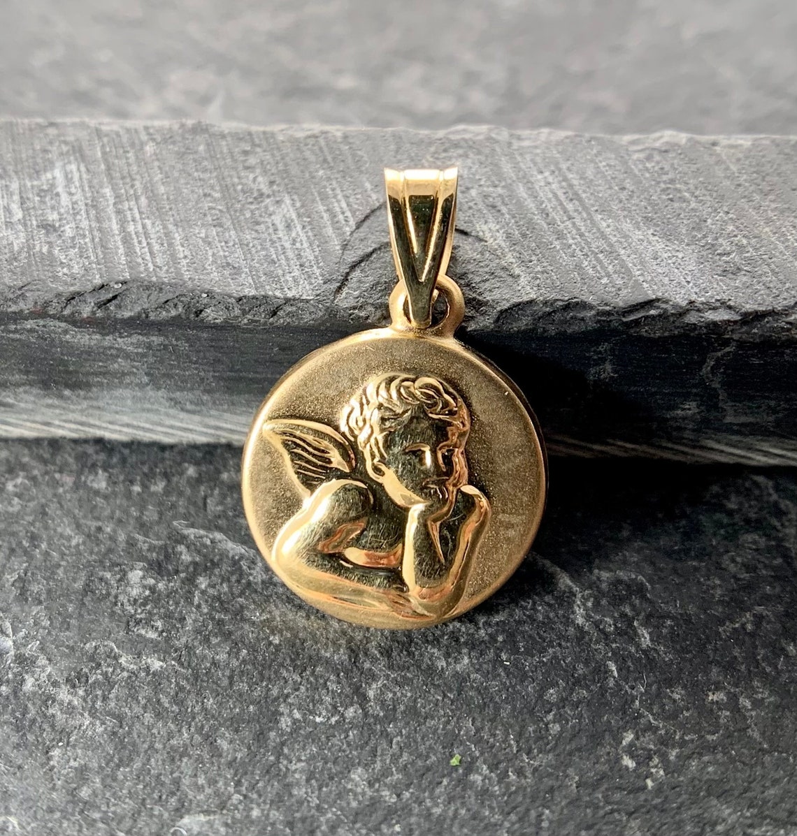 14k Yellow Gold Round Guardian Angel Circular Pendant Charm | Etsy