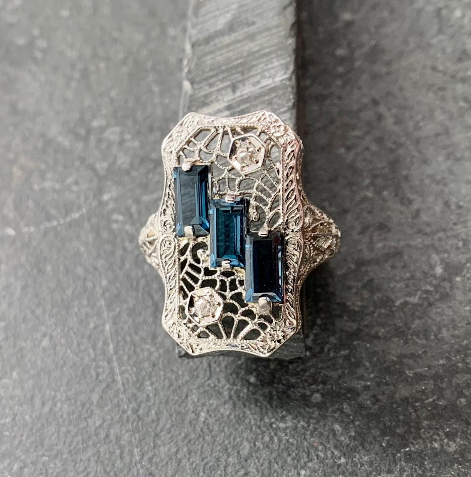 18k White Gold, London Blue Topaz and Diamond Rectangular Filigree ...