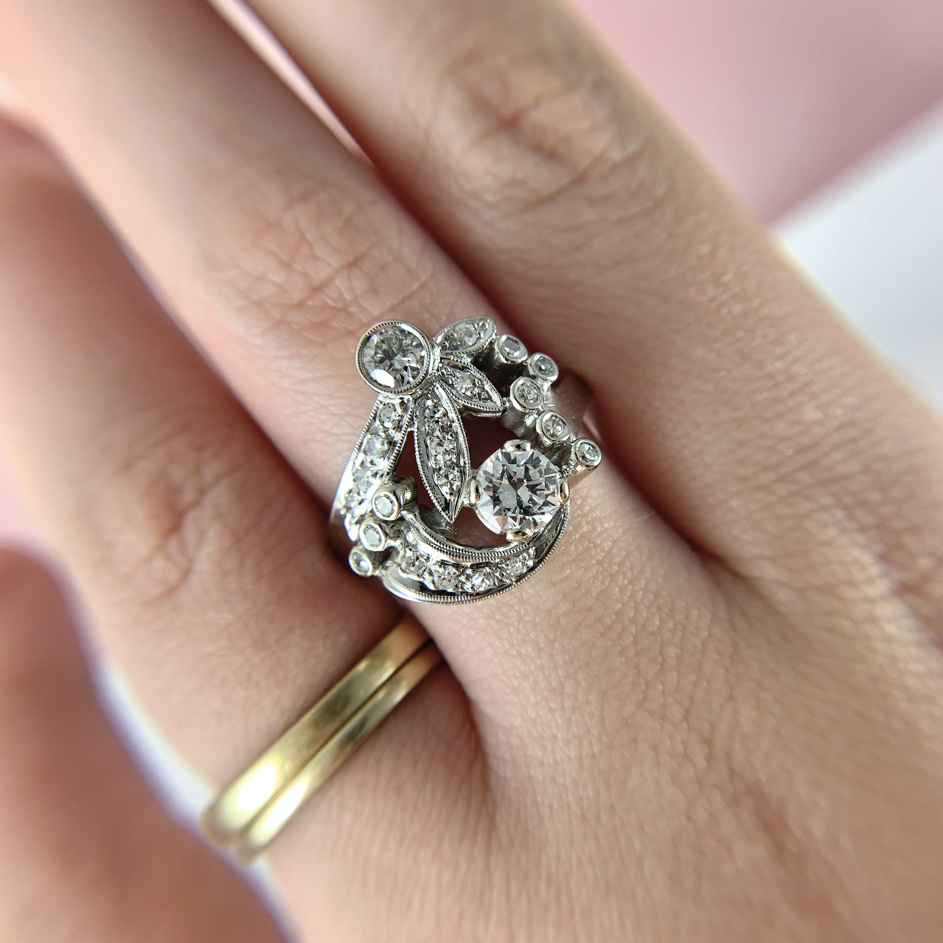 Freeform Vintage Art Deco Ring Solid 14k Gold Natural Diamonds (A2599 ...