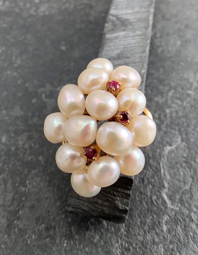 14k Yellow Gold Pearl and Ruby Cluster Ring - Size 6 3/4 (R130) - Etsy