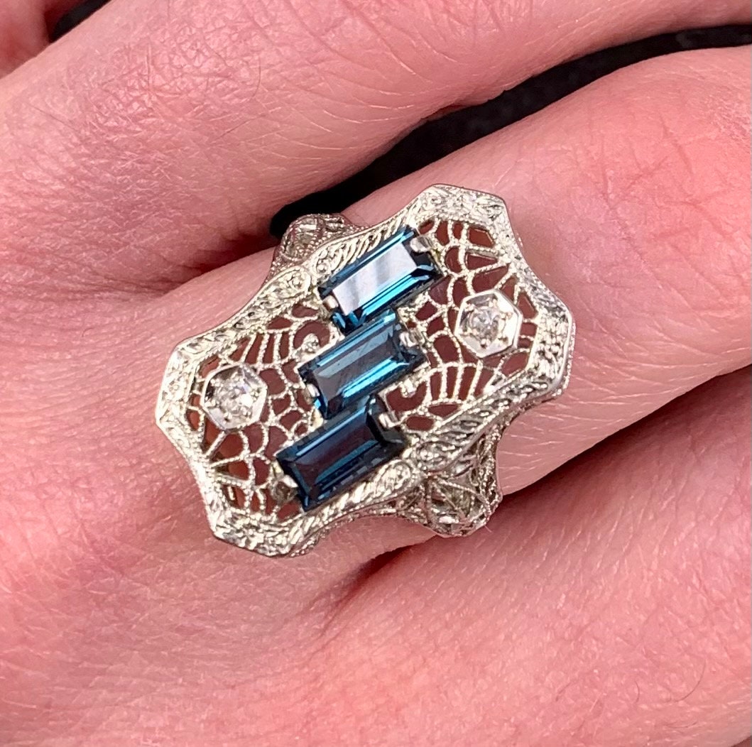 18k White Gold, London Blue Topaz and Diamond Rectangular Filigree ...
