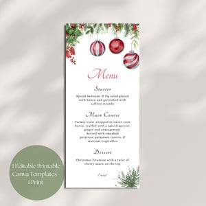 Editable Christmas Menu, Festive Menu, Red Ornaments Christmas Menu ...