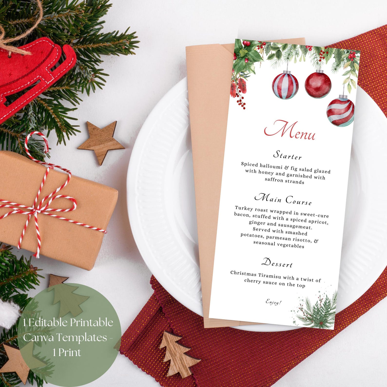 Editable Christmas Menu, Festive Menu, Red Ornaments Christmas Menu ...