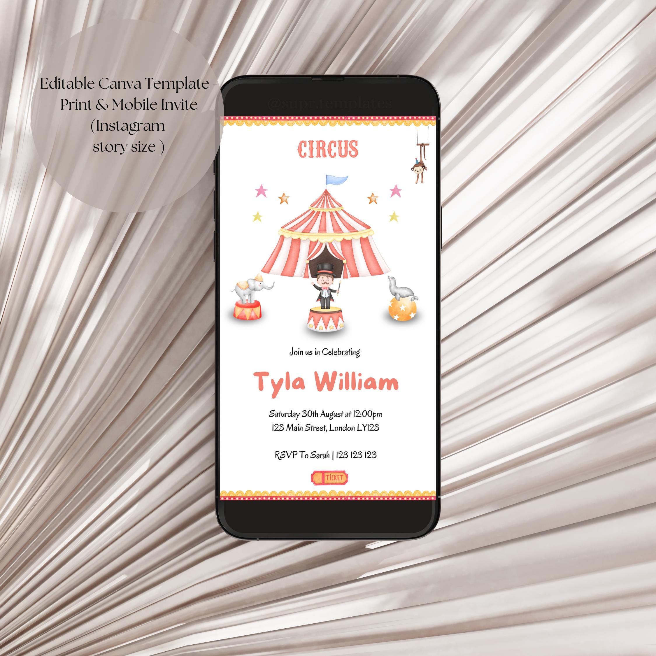 Editable Circus Birthday Invitation: Canva Template (digital Download ...