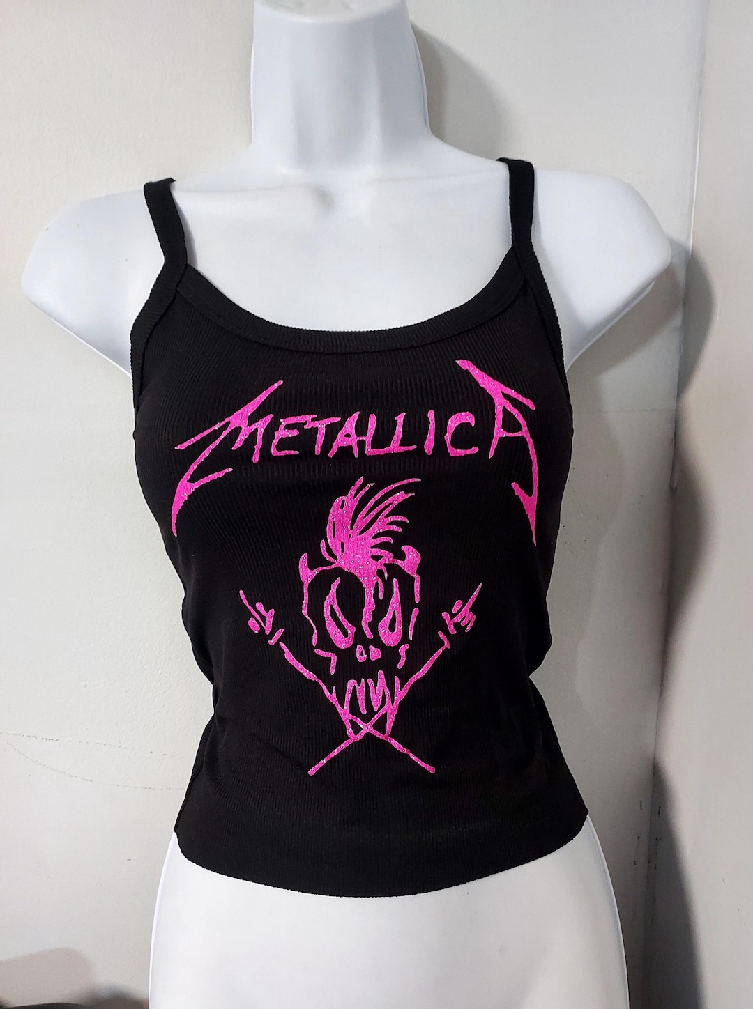 Custom Band Shirt Metal Tank Top Hand Cropped Hot Pink Glitter Skull ...