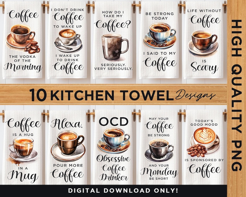 Funny Coffee Themed Kitchen Towel Sublimation Bundle, Kitchen Dish ...