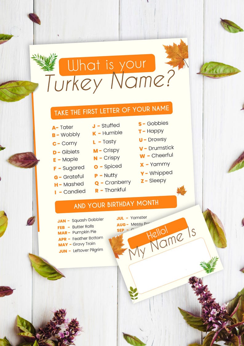 What's Your Turkey Name Game With Nametags | Friendsgiving Game ...