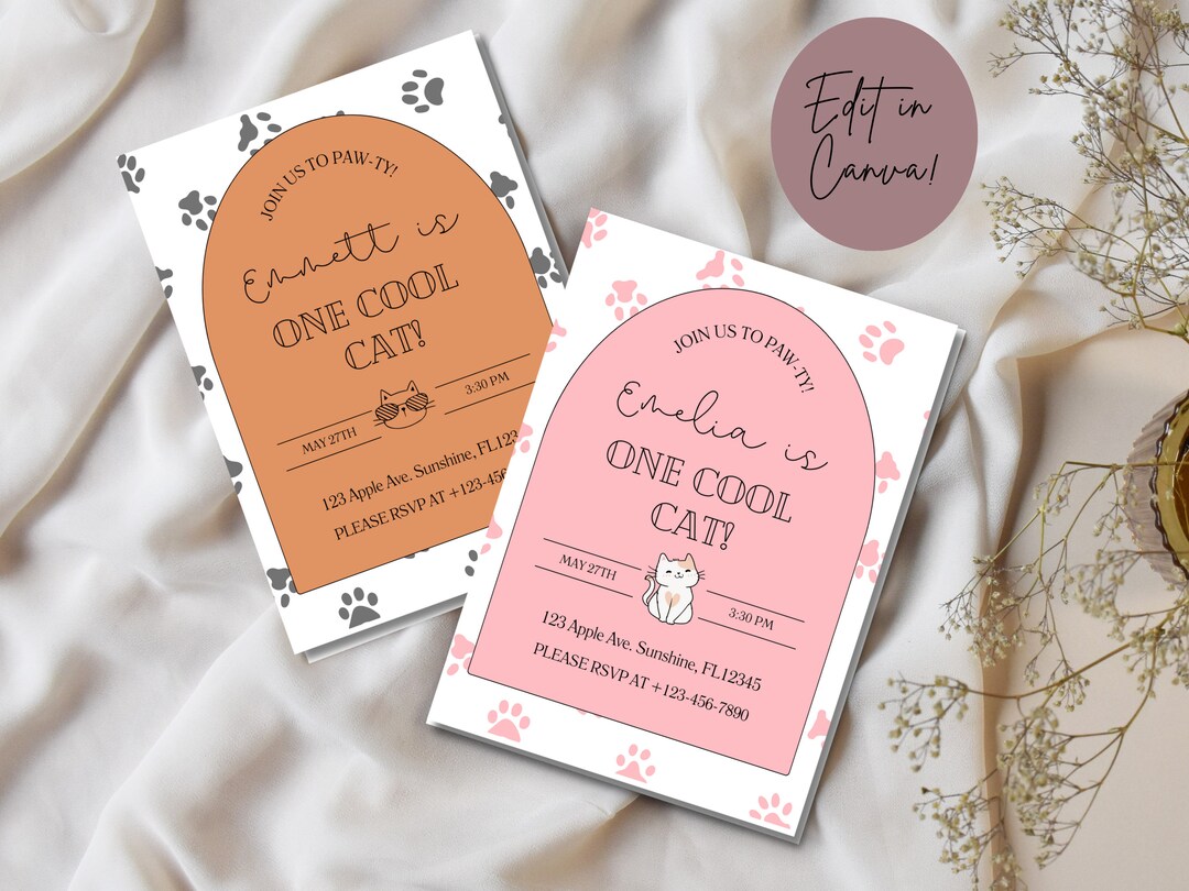 ONE Cool Cat Theme 1st Birthday Party Invitation, DIGITAL DOWNLOAD, Cat ...