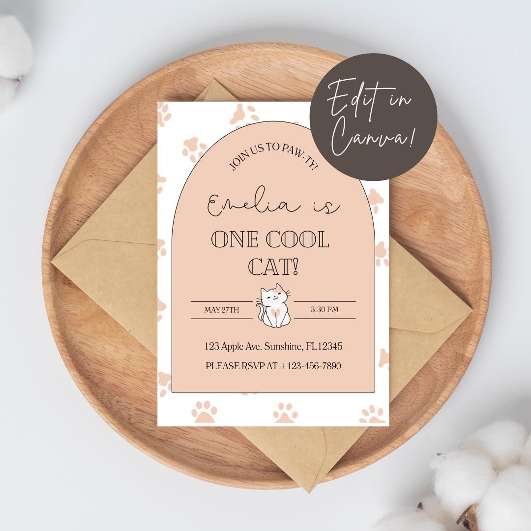 ONE Cool Cat Theme 1st Birthday Party Invitation, DIGITAL DOWNLOAD, Cat ...